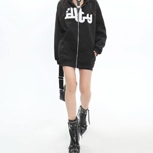 GAI Y2K Full Zip Up Hoodie Women Men Skeleton Skull Gothic Grunge Oversized Aesthetic Sweatshirts Emo Alt Jacket Clothes (M,2-Black)