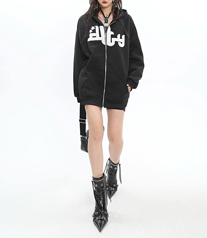 GAI Y2K Full Zip Up Hoodie Women Men Skeleton Skull Gothic Grunge Oversized Aesthetic Sweatshirts Emo Alt Jacket Clothes (M,2-Black)