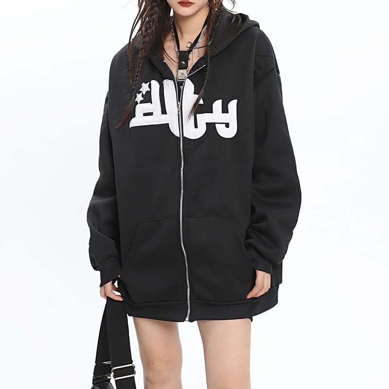 GAI Y2K Full Zip Up Hoodie Women Men Skeleton Skull Gothic Grunge Oversized Aesthetic Sweatshirts Emo Alt Jacket Clothes (M,2-Black)