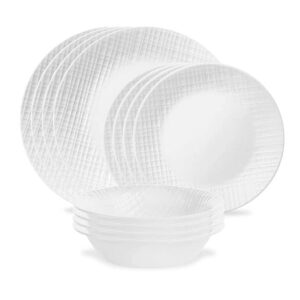 corelle linen weave 12pc, service for 4, dinnerware set, 8 plates 4 bowls, chip & break resistant, dinner corelleware plates