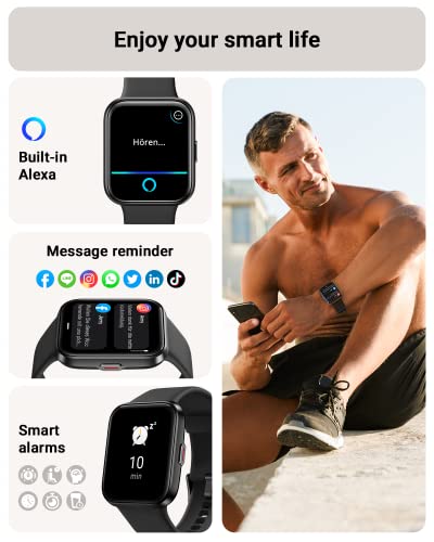 Smart Watch for Men Women(Call Receive/Dial), Alexa Built-in, 1.7" Touch Screen Fitness Tracker with Heart Rate Sleep Tracking, 60 Sports Modes, 5ATM Waterproof Smartwatch for Android iPhone, Black