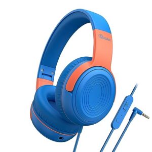 kids headphones, elecder s8 wired headphones for kids with microphone for boys girls, adjustable 85db/94db volume limited, 3.5 mm jack for school/kindle/smartphones/tablet/airplane travel(blue/orange)