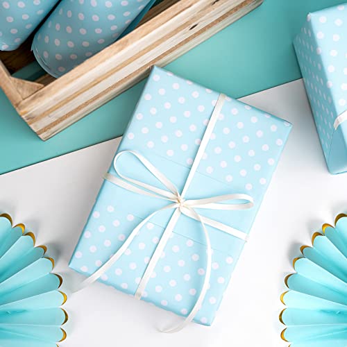 WRAPAHOLIC Reversible Wrapping Paper - Mini Roll - 17 Inch X 33 Feet - Baby Blue and Polka Dot Design for Birthday, Holiday, Wedding, Baby Shower