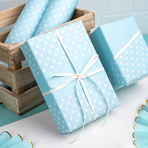 WRAPAHOLIC Reversible Wrapping Paper - Mini Roll - 17 Inch X 33 Feet - Baby Blue and Polka Dot Design for Birthday, Holiday, Wedding, Baby Shower