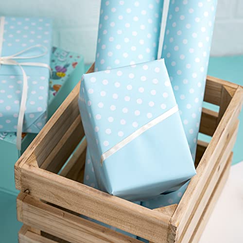 WRAPAHOLIC Reversible Wrapping Paper - Mini Roll - 17 Inch X 33 Feet - Baby Blue and Polka Dot Design for Birthday, Holiday, Wedding, Baby Shower