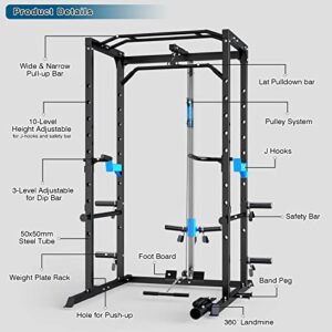 ULTRA FUEGO Power Cage, Multi-Functional Power Rack with J-Hooks, Dip Handles, Landmine Attachment and Optional Cable Pulley System for Home Gym (Power Cage with LAT Pulldown)