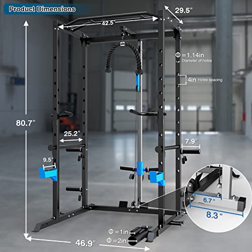 ULTRA FUEGO Power Cage, Multi-Functional Power Rack with J-Hooks, Dip Handles, Landmine Attachment and Optional Cable Pulley System for Home Gym (Power Cage with LAT Pulldown)