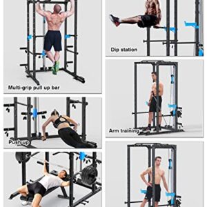 ULTRA FUEGO Power Cage, Multi-Functional Power Rack with J-Hooks, Dip Handles, Landmine Attachment and Optional Cable Pulley System for Home Gym (Power Cage with LAT Pulldown)