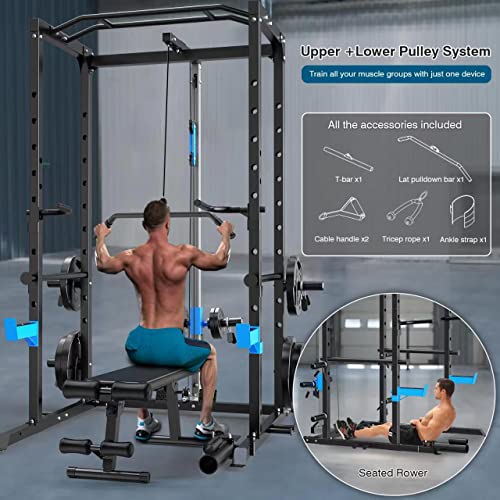 ULTRA FUEGO Power Cage, Multi-Functional Power Rack with J-Hooks, Dip Handles, Landmine Attachment and Optional Cable Pulley System for Home Gym (Power Cage with LAT Pulldown)