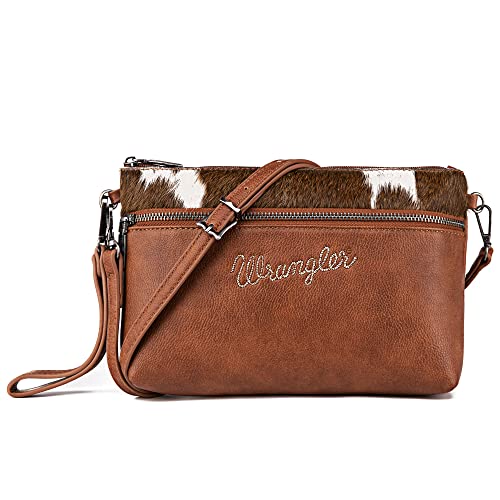 Wrangler West Crossbody Hanbags Vintage Cowhair Shoulder Wallet for Women Brown Vegan Leather Wristlet Clutch Cell Phone Purse,WG49-181BR