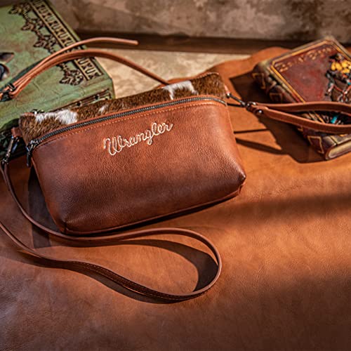 Wrangler West Crossbody Hanbags Vintage Cowhair Shoulder Wallet for Women Brown Vegan Leather Wristlet Clutch Cell Phone Purse,WG49-181BR