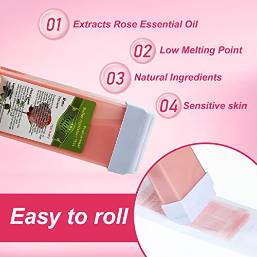 Roll-on Waxing Kit, Roll on Wax Kit for Women and Men, Wax Kit for Sensitive Skin, Wax Roller Kit with Wax Paper, Wax Warmer, Rose Roll Soft Wax, Pre-wax treatment and After-wax Treatment, Wax Kit for Hair Removal for Legs, Back, Arms, Chest, Bikini Area