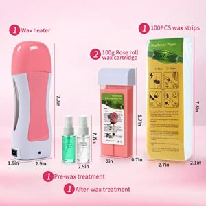 Roll-on Waxing Kit, Roll on Wax Kit for Women and Men, Wax Kit for Sensitive Skin, Wax Roller Kit with Wax Paper, Wax Warmer, Rose Roll Soft Wax, Pre-wax treatment and After-wax Treatment, Wax Kit for Hair Removal for Legs, Back, Arms, Chest, Bikini Area