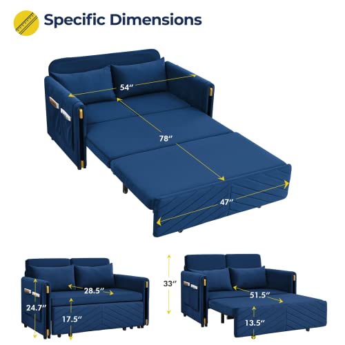 Lyromix 3 in 1 Sofa Bed for Living Room, Convertible Loveseat Sleeper Full Size, Velvet Pull Out Couch with 2 Pillows & Detachable Storage Bag, Dark Blue