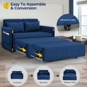 Lyromix 3 in 1 Sofa Bed for Living Room, Convertible Loveseat Sleeper Full Size, Velvet Pull Out Couch with 2 Pillows & Detachable Storage Bag, Dark Blue