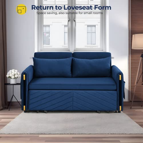 Lyromix 3 in 1 Sofa Bed for Living Room, Convertible Loveseat Sleeper Full Size, Velvet Pull Out Couch with 2 Pillows & Detachable Storage Bag, Dark Blue