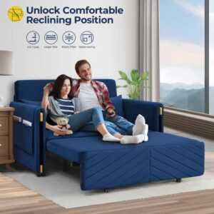 Lyromix 3 in 1 Sofa Bed for Living Room, Convertible Loveseat Sleeper Full Size, Velvet Pull Out Couch with 2 Pillows & Detachable Storage Bag, Dark Blue