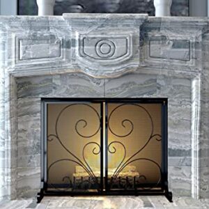 Calidola Flat Fireplace Screen with Doors,Solid Wrought Iron Frame with Metal Mesh, Flat Panel Decorative Fireplace Screen with Scroll Design, Free Standing Spark Guard