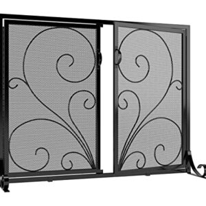 Calidola Flat Fireplace Screen with Doors,Solid Wrought Iron Frame with Metal Mesh, Flat Panel Decorative Fireplace Screen with Scroll Design, Free Standing Spark Guard