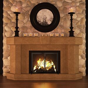 Calidola Flat Fireplace Screen with Doors,Solid Wrought Iron Frame with Metal Mesh, Flat Panel Decorative Fireplace Screen with Scroll Design, Free Standing Spark Guard