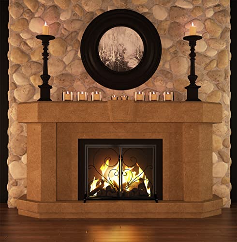 Calidola Flat Fireplace Screen with Doors,Solid Wrought Iron Frame with Metal Mesh, Flat Panel Decorative Fireplace Screen with Scroll Design, Free Standing Spark Guard