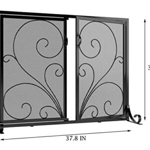 Calidola Flat Fireplace Screen with Doors,Solid Wrought Iron Frame with Metal Mesh, Flat Panel Decorative Fireplace Screen with Scroll Design, Free Standing Spark Guard