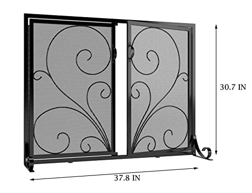 Calidola Flat Fireplace Screen with Doors,Solid Wrought Iron Frame with Metal Mesh, Flat Panel Decorative Fireplace Screen with Scroll Design, Free Standing Spark Guard