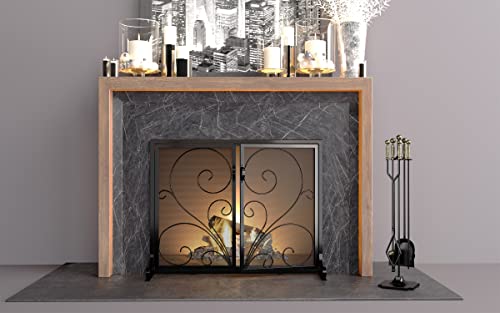 Calidola Flat Fireplace Screen with Doors,Solid Wrought Iron Frame with Metal Mesh, Flat Panel Decorative Fireplace Screen with Scroll Design, Free Standing Spark Guard