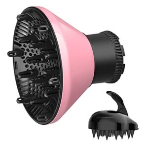 universal hair diffuser adaptable hair dryer attachment for blow dryer nozzles from 1.7 to 2.2 inch diameter (pink with shampoo brush)