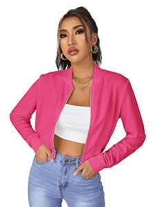 sweatyrocks women's casual long sleeve solid zip up coat crop bomber jacket solid hot pink m