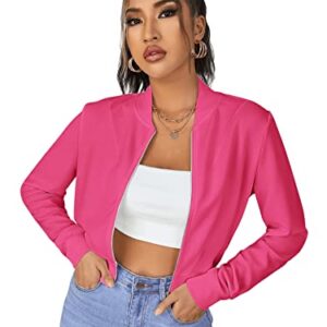 SweatyRocks Women's Casual Long Sleeve Solid Zip Up Coat Crop Bomber Jacket Solid Hot Pink M