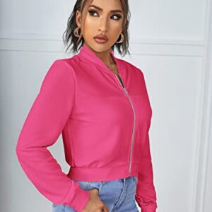 SweatyRocks Women's Casual Long Sleeve Solid Zip Up Coat Crop Bomber Jacket Solid Hot Pink M