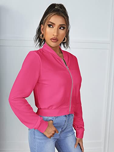 SweatyRocks Women's Casual Long Sleeve Solid Zip Up Coat Crop Bomber Jacket Solid Hot Pink M