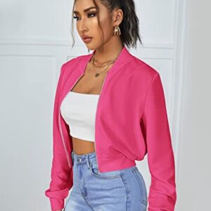 SweatyRocks Women's Casual Long Sleeve Solid Zip Up Coat Crop Bomber Jacket Solid Hot Pink M