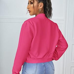 SweatyRocks Women's Casual Long Sleeve Solid Zip Up Coat Crop Bomber Jacket Solid Hot Pink M