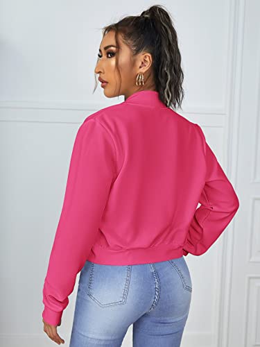 SweatyRocks Women's Casual Long Sleeve Solid Zip Up Coat Crop Bomber Jacket Solid Hot Pink M