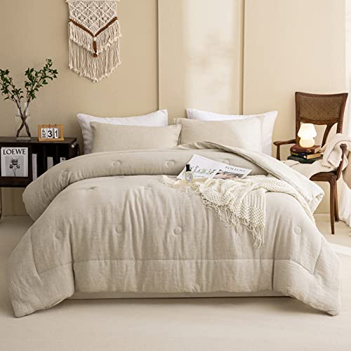 Merryword Linen Comforter Set King Size Natural French Flax Linen Bedding Comforter Set Soft Breathable Moisture Wicking Comfy Bedding 3 Pieces (Linen, King)