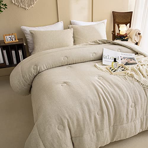 Merryword Linen Comforter Set King Size Natural French Flax Linen Bedding Comforter Set Soft Breathable Moisture Wicking Comfy Bedding 3 Pieces (Linen, King)