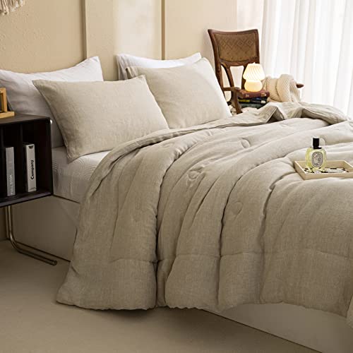 Merryword Linen Comforter Set King Size Natural French Flax Linen Bedding Comforter Set Soft Breathable Moisture Wicking Comfy Bedding 3 Pieces (Linen, King)