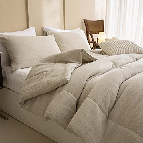 Merryword Linen Comforter Set King Size Natural French Flax Linen Bedding Comforter Set Soft Breathable Moisture Wicking Comfy Bedding 3 Pieces (Linen, King)