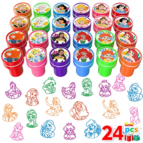 Princess Party Stamps for Kids, 24Pcs Assorted Self-Inking Stamps, Goodie Bag Stuffers,Birthday Party Favor for Kids, Teacher Stamps Reward Pinata Fillers Carnival Prizes