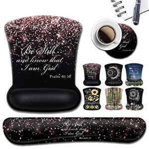 keyboard wrist rest and mouse pad with wrist support, ergonomic gel mouse pad and coaster, for easy typing pain relief, memory foam keyboard wrist rest,psalm 46-10 rose gold glitter black mousepads