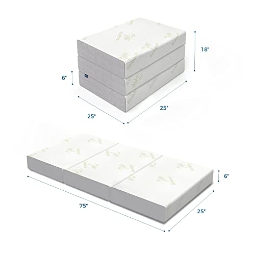 Inofia Folding Mattress, 6 Inch Trifold Memory Foam Mattress with Ultra Soft Bamboo Cover, Non-Slip Bottom & Breathable Mesh Sides, Foldable & Portable - Single Size (75" x 25" x 6")