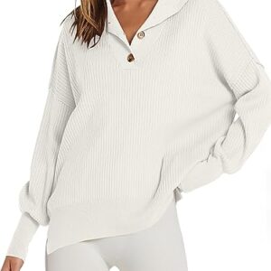 ANRABESS Women's 2023 Fall Sweater Lapel Collar V Neck Button Long Sleeve Drop Shoulder Oversized Ribbed Knit Comfy Loose Casual Slouchy Pullover Shirt Jumper Top with Slit757mibai-M White