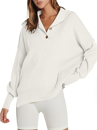 ANRABESS Women's 2023 Fall Sweater Lapel Collar V Neck Button Long Sleeve Drop Shoulder Oversized Ribbed Knit Comfy Loose Casual Slouchy Pullover Shirt Jumper Top with Slit757mibai-M White