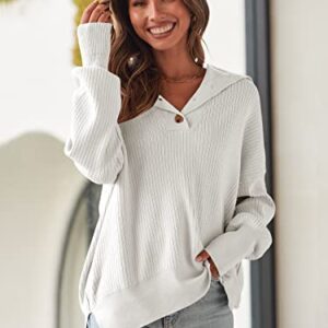 ANRABESS Women's 2023 Fall Sweater Lapel Collar V Neck Button Long Sleeve Drop Shoulder Oversized Ribbed Knit Comfy Loose Casual Slouchy Pullover Shirt Jumper Top with Slit757mibai-M White