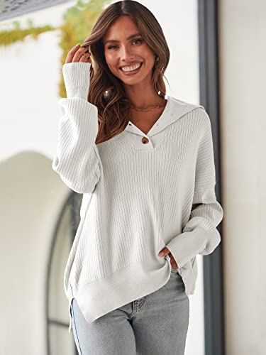 ANRABESS Women's 2023 Fall Sweater Lapel Collar V Neck Button Long Sleeve Drop Shoulder Oversized Ribbed Knit Comfy Loose Casual Slouchy Pullover Shirt Jumper Top with Slit757mibai-M White