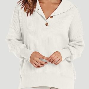 ANRABESS Women's 2023 Fall Sweater Lapel Collar V Neck Button Long Sleeve Drop Shoulder Oversized Ribbed Knit Comfy Loose Casual Slouchy Pullover Shirt Jumper Top with Slit757mibai-M White