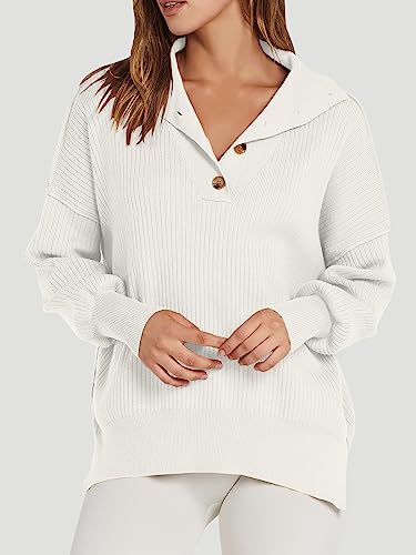 ANRABESS Women's 2023 Fall Sweater Lapel Collar V Neck Button Long Sleeve Drop Shoulder Oversized Ribbed Knit Comfy Loose Casual Slouchy Pullover Shirt Jumper Top with Slit757mibai-M White