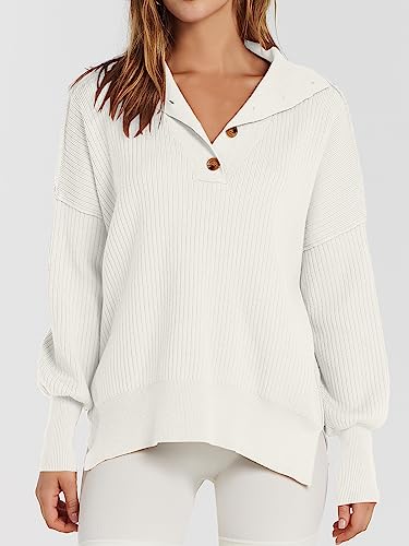 ANRABESS Women's 2023 Fall Sweater Lapel Collar V Neck Button Long Sleeve Drop Shoulder Oversized Ribbed Knit Comfy Loose Casual Slouchy Pullover Shirt Jumper Top with Slit757mibai-M White